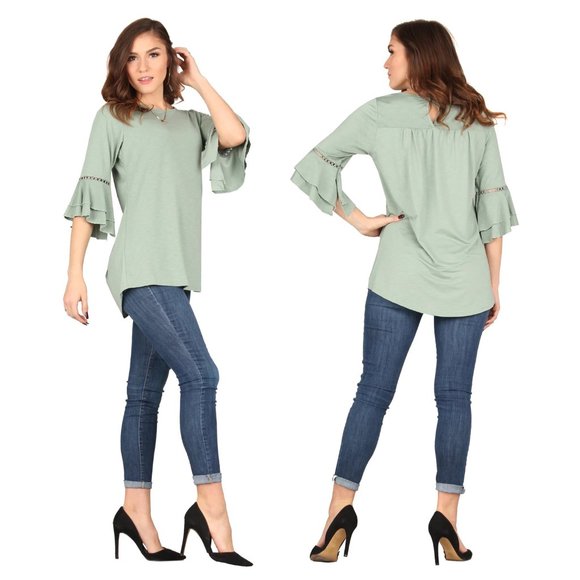 lildy | Tops | Lildy Womans Sm Sage Green Crochet Accent 34 Bell Sleeve ...